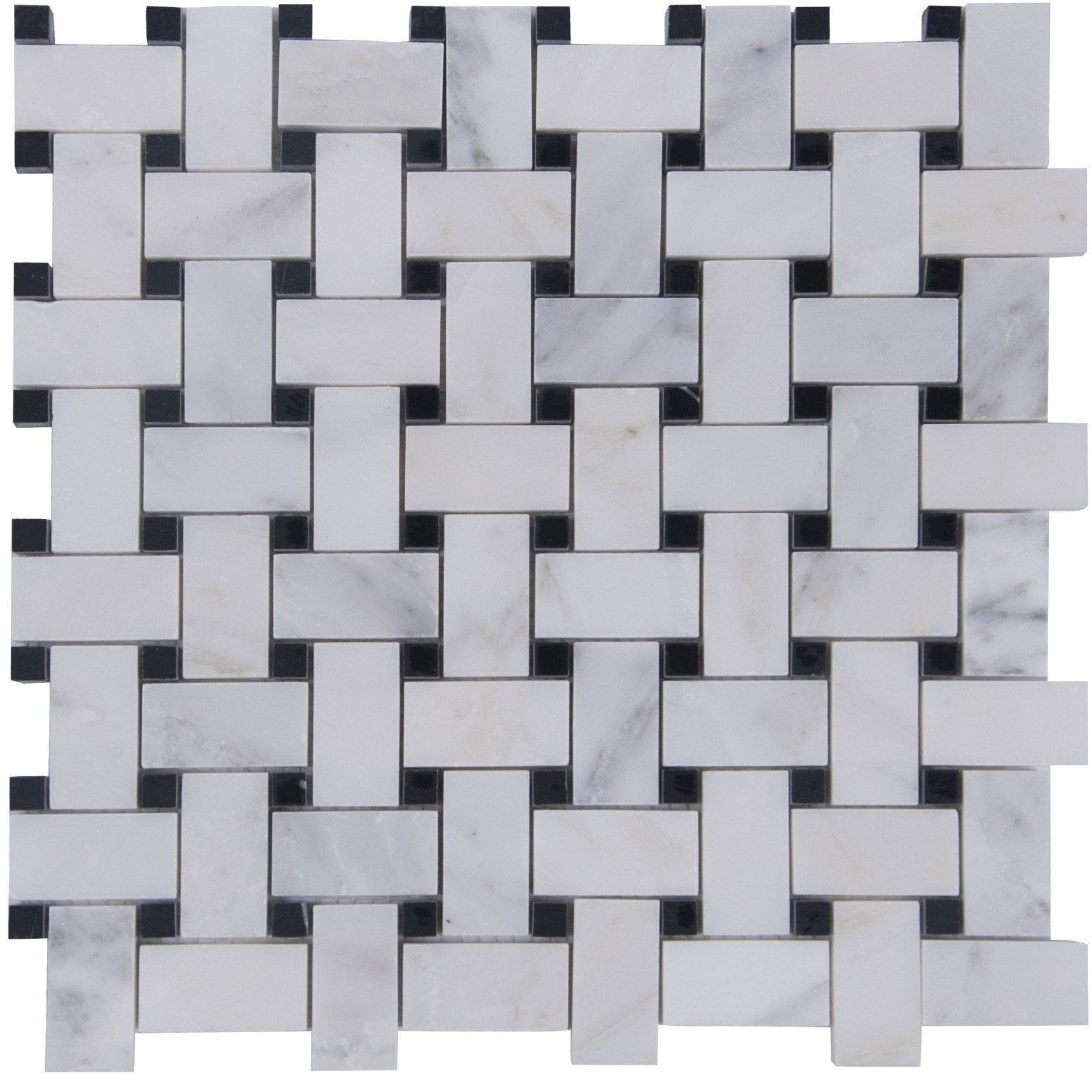 Home › Carrara Venato Marble Basketweave Tile with Black Marble Accent