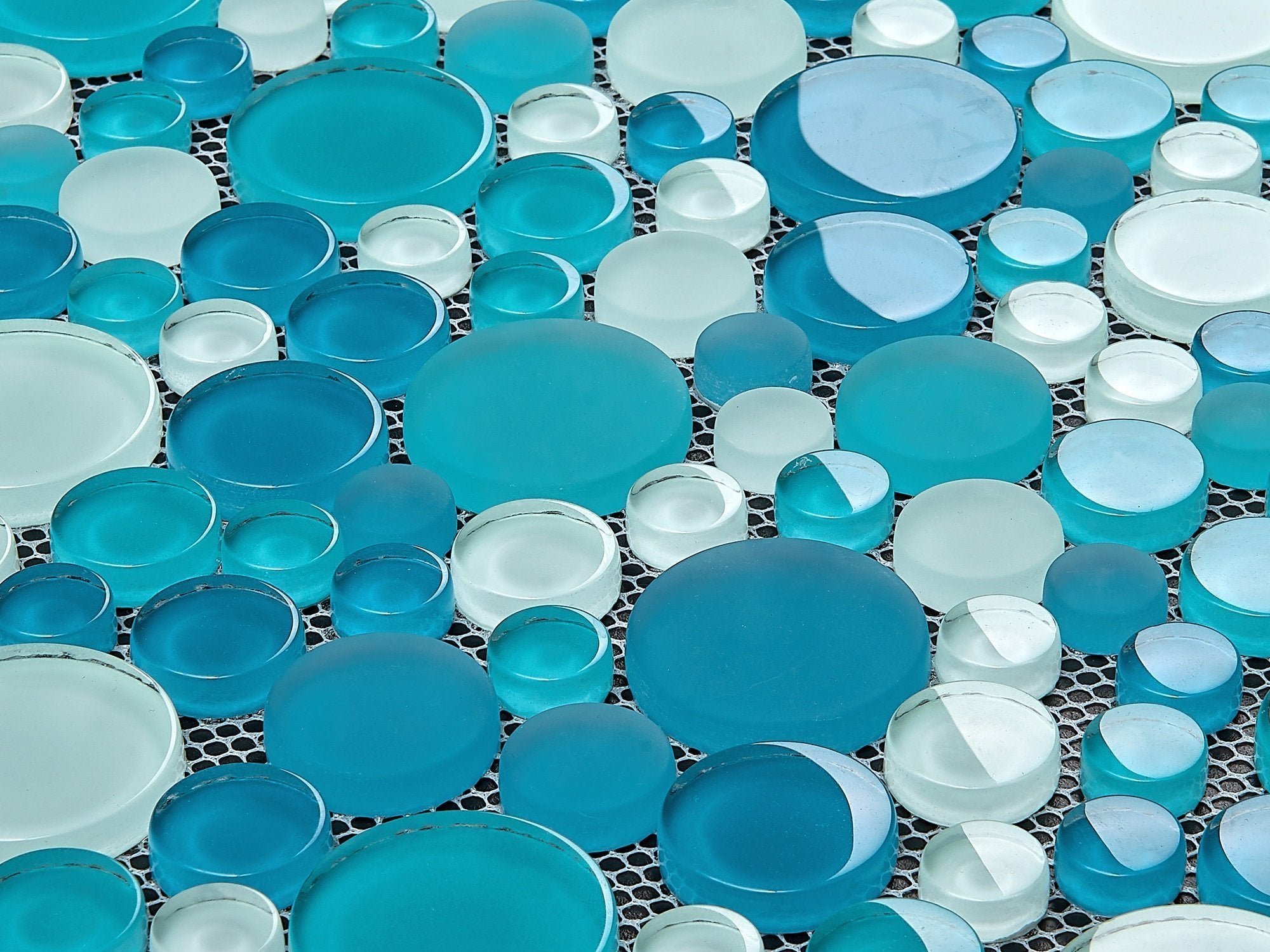 Coastal Bubbles Blue + Green Glass Mosaic Penny Circle Round Tile