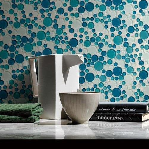 Coastal Bubbles Blue + Green Glass Mosaic Penny Circle Round Tile