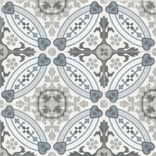 Gray & Blue Victorian Patterned Porcelain Tile in Floral Hearts
