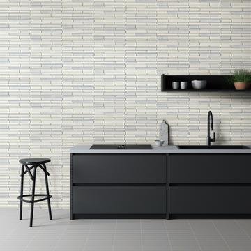 Light gray artisan glass mosaic wall tile in mixed size linear strips ...