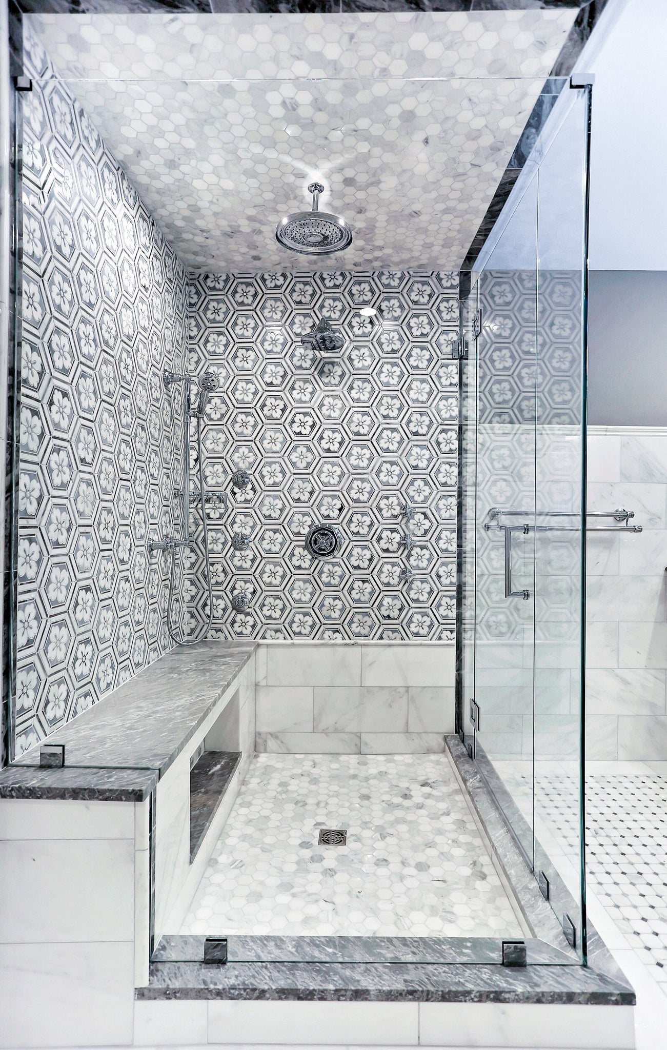 Flower Hexagon Waterjet Mosaic Blue Marble - Shell - Statuary TileBuys