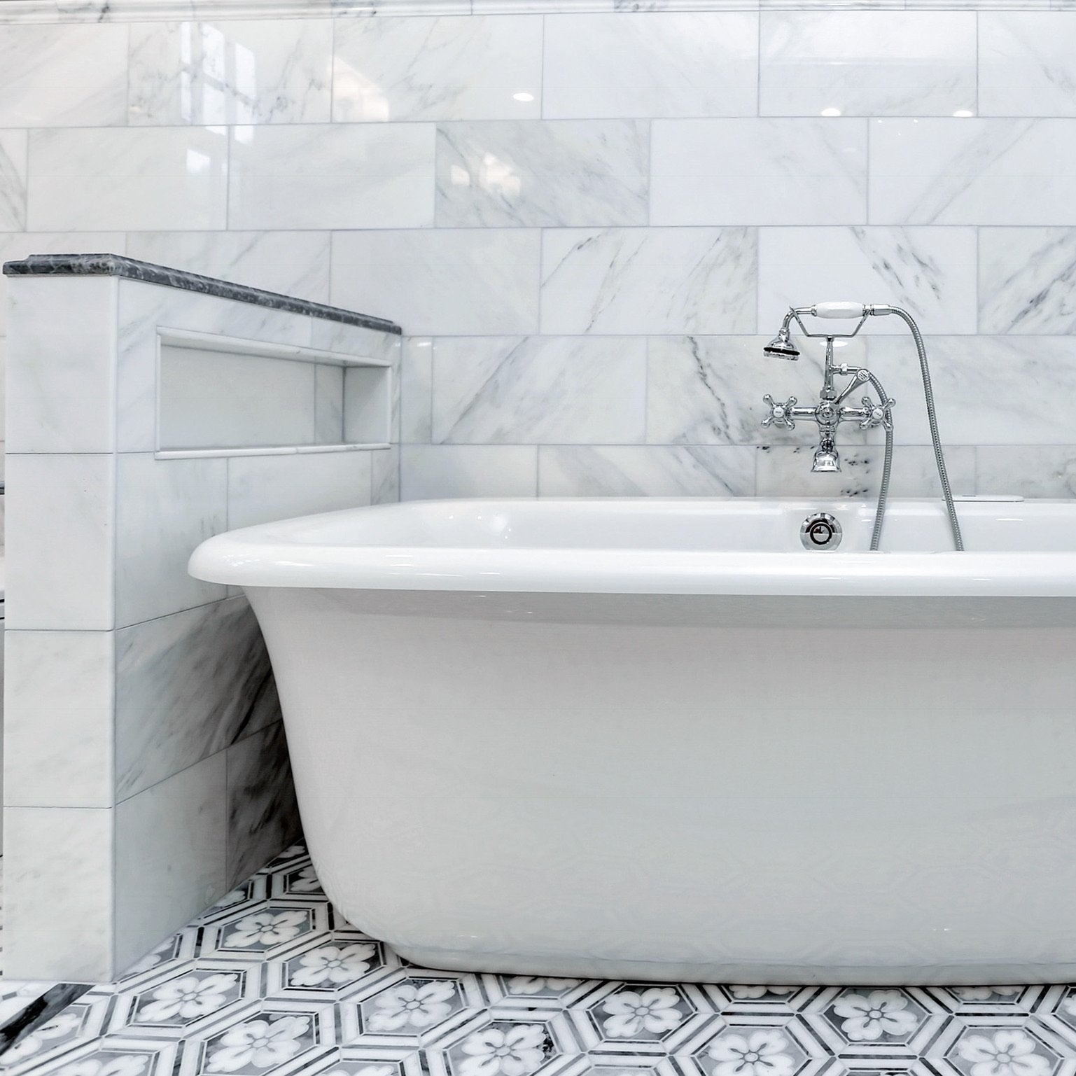 Flower Hexagon Waterjet Mosaic Blue Marble - Shell - Statuary TileBuys