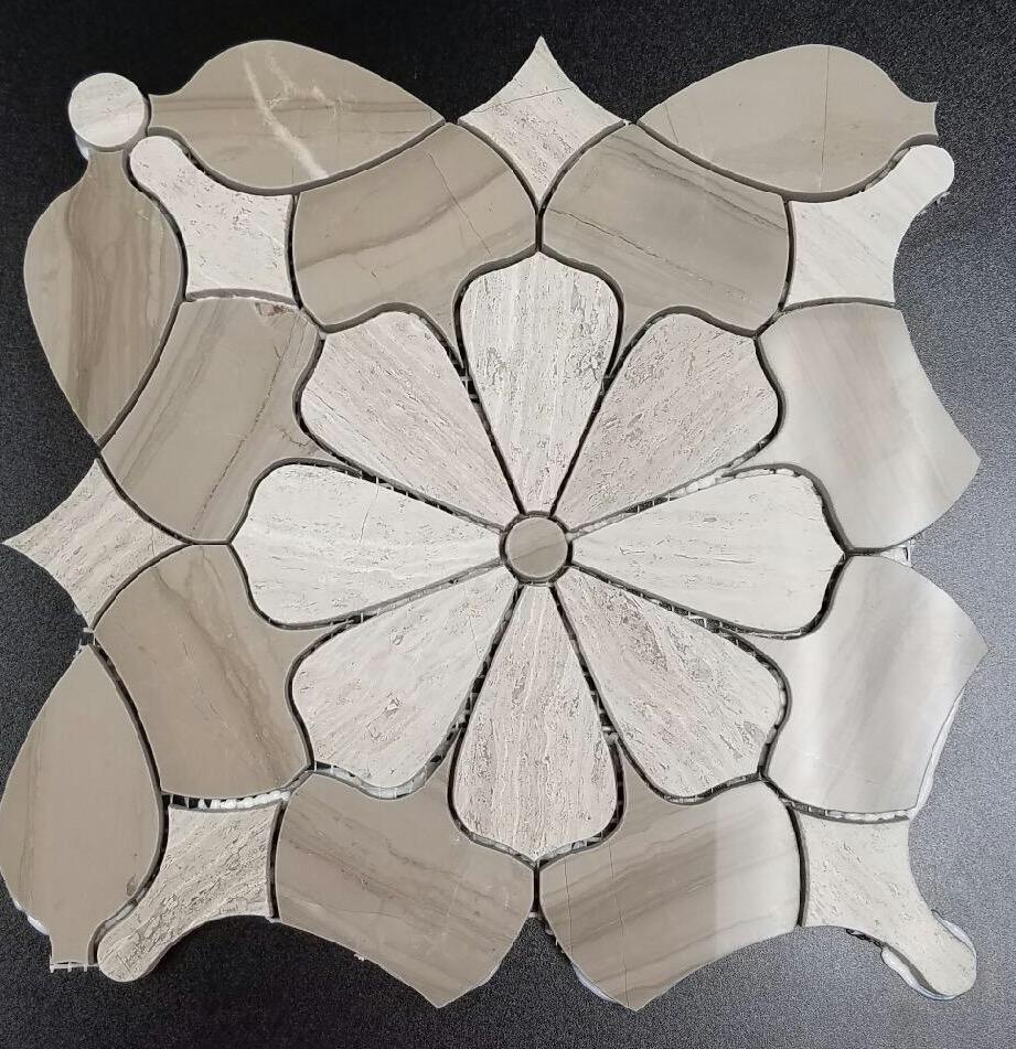 Silver Oak and Athens Grey Marble Waterjet Mosaic Tile in Daisy Blooms
